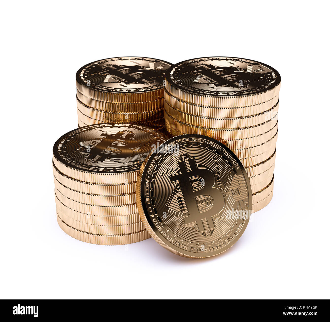 Bitcoin stack golden coins. Isolated on white background. 3d rendering ...