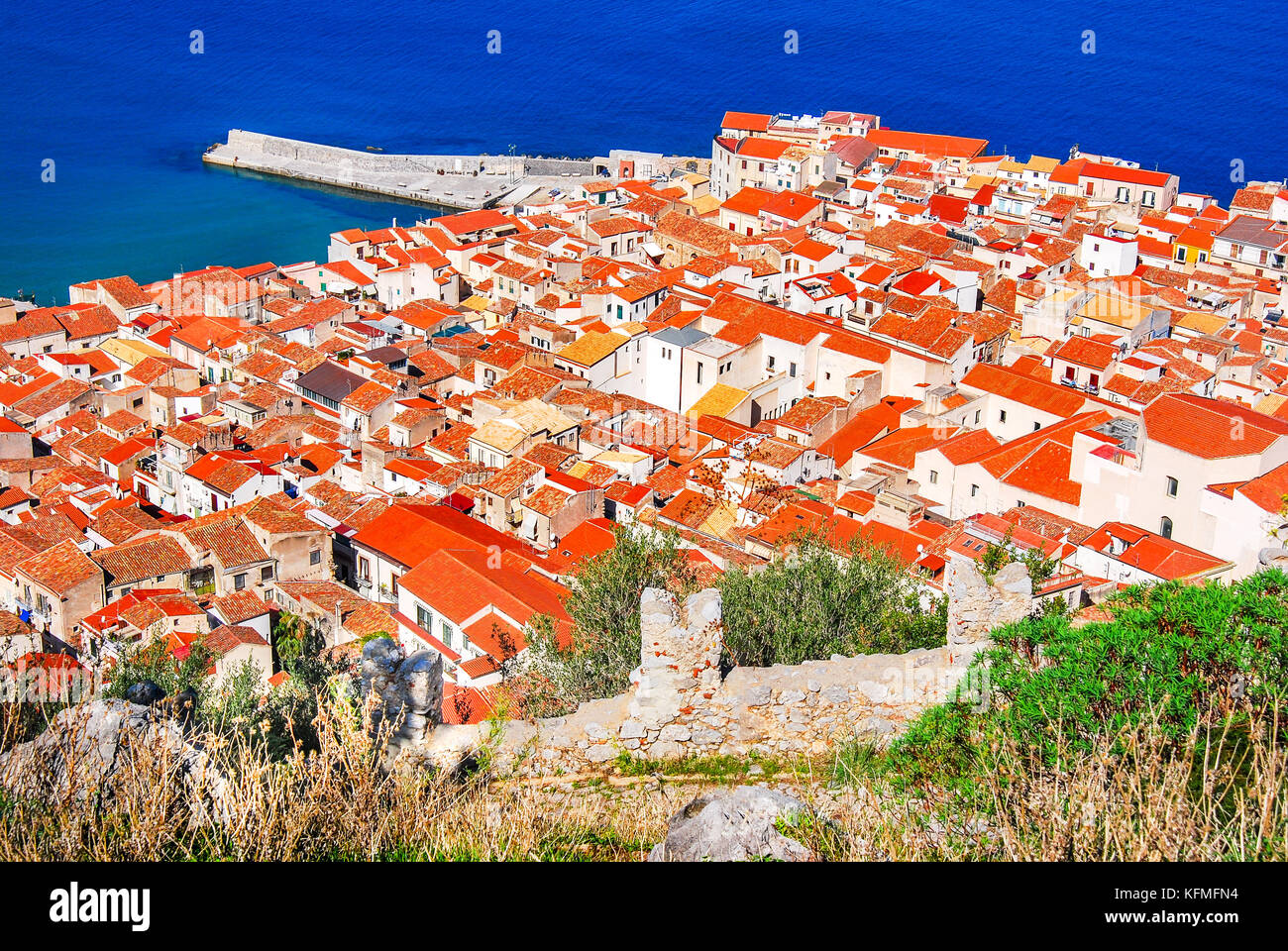 Cefalu, Sicily. Aerial medieval view of sicilian city Cefalu. Province ...