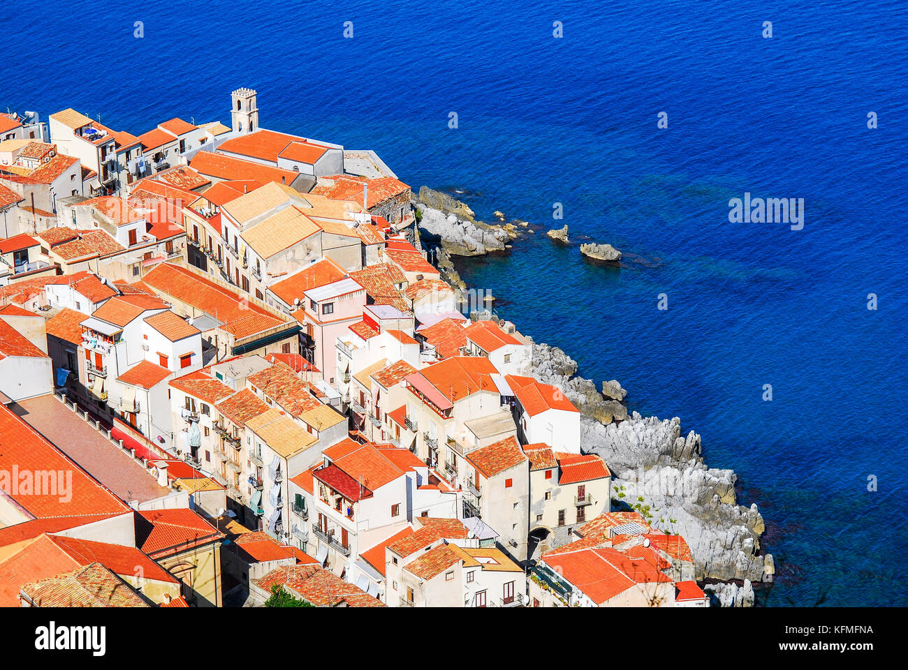 Cefalu, Sicily. Aerial medieval view of sicilian city Cefalu. Province ...