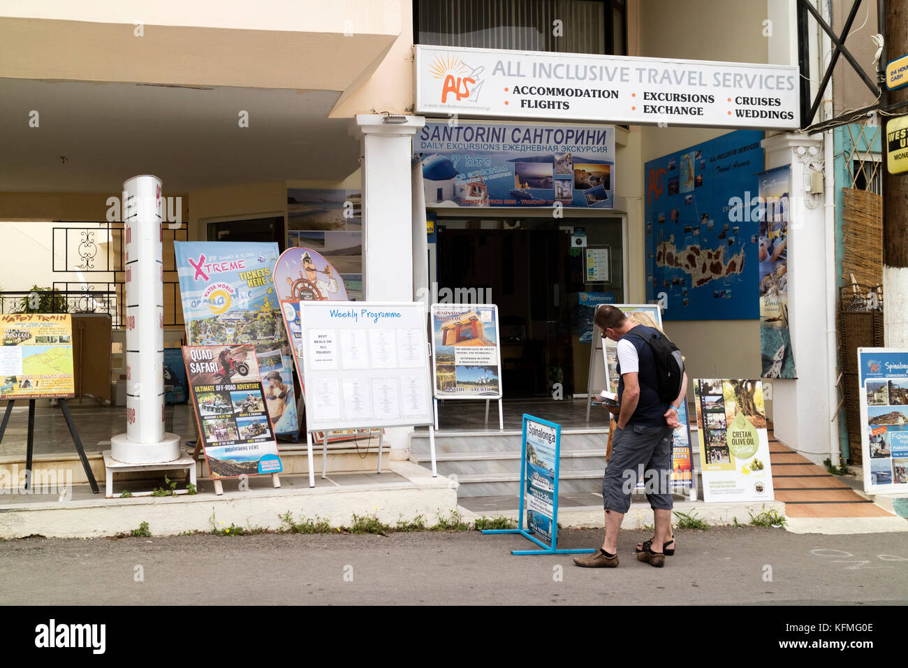 Tourist travel agent premises in the small coastal town of Sisi, Crete ...