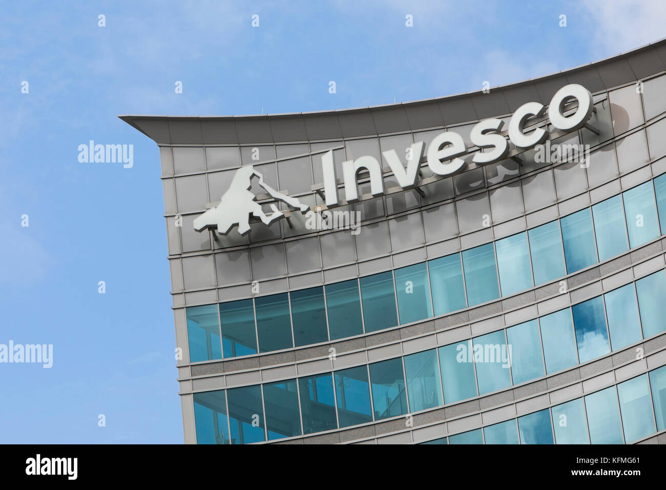 A logo sign outside of the headquarters of Invesco Ltd., in Atlanta ...