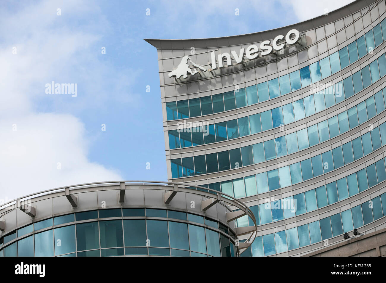 A logo sign outside of the headquarters of Invesco Ltd., in Atlanta ...