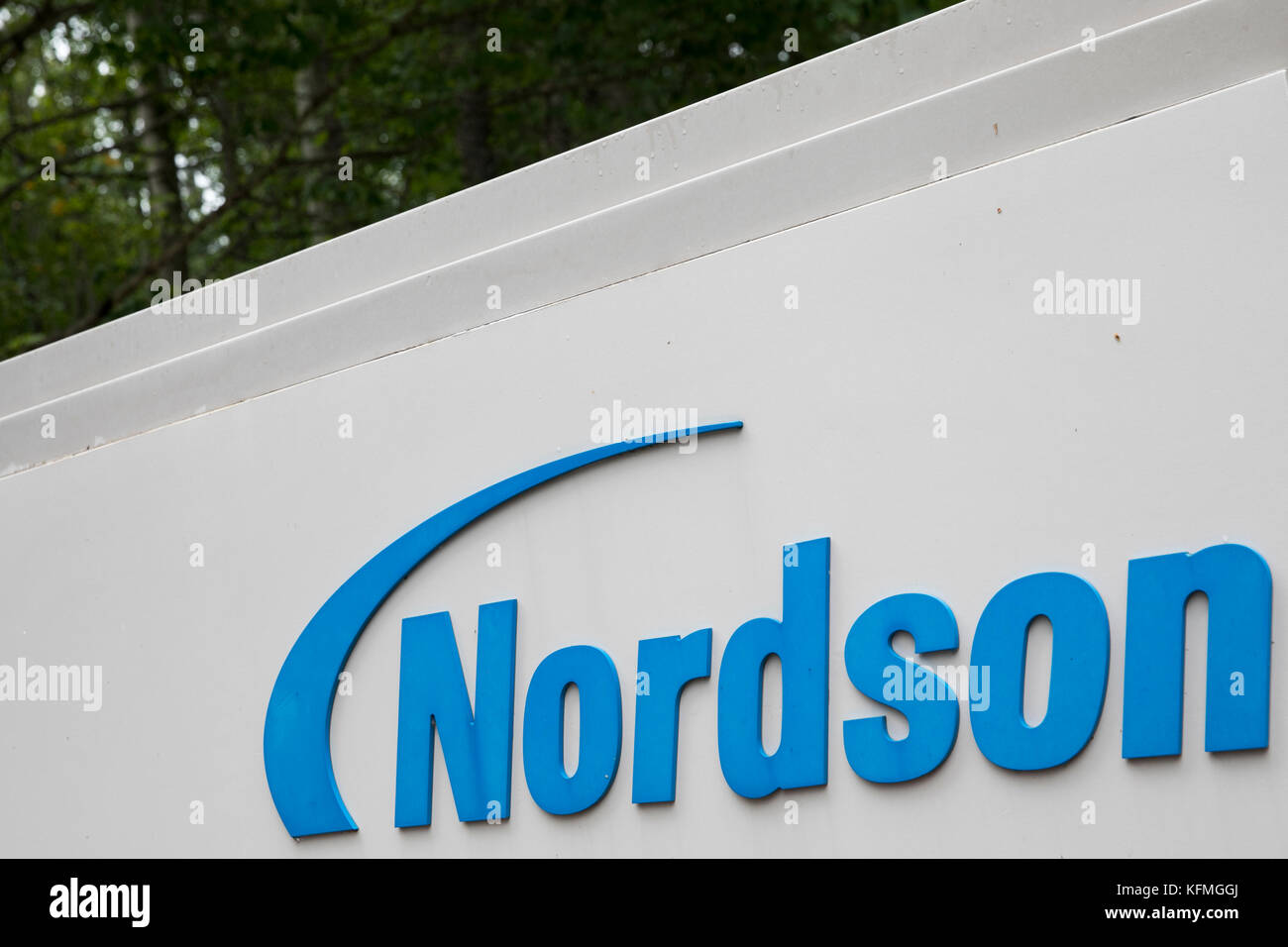 A logo sign outside a facility occupied by the Nordson Corporation in ...