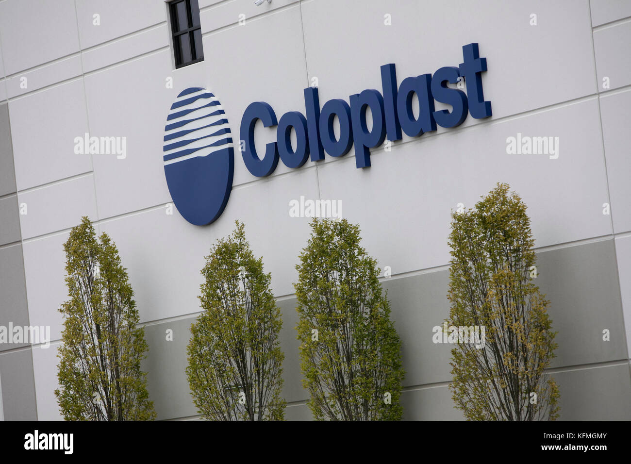 A logo sign outside of a facility occupied by Coloplast in Lithia ...