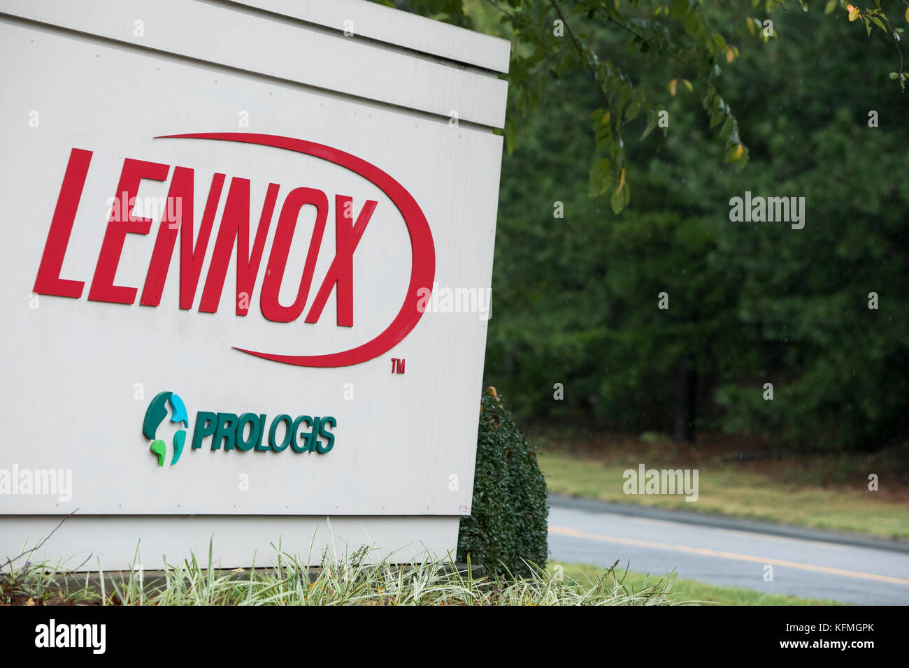 A logo sign outside of a facility occupied by Lennox International Inc ...