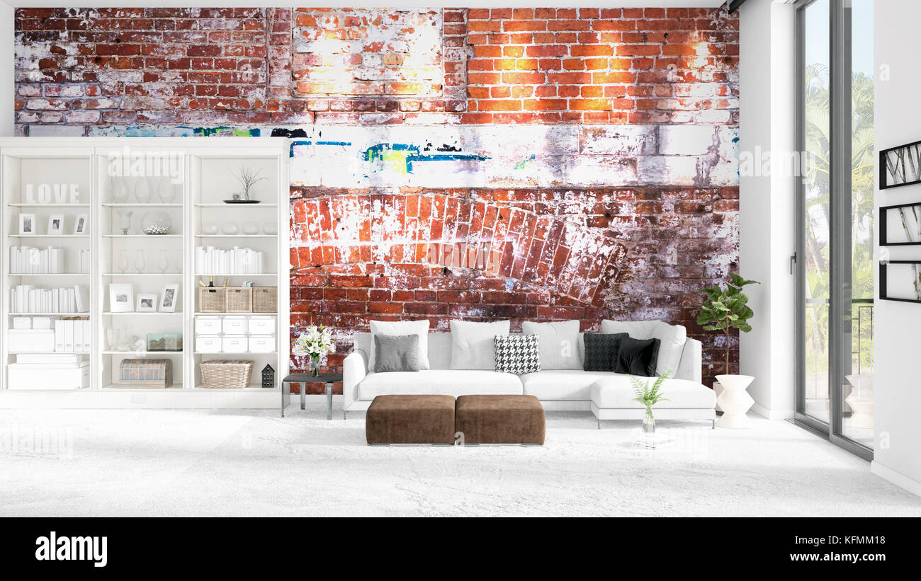 Modern loft interior in vogue with white couch and copyspace in ...