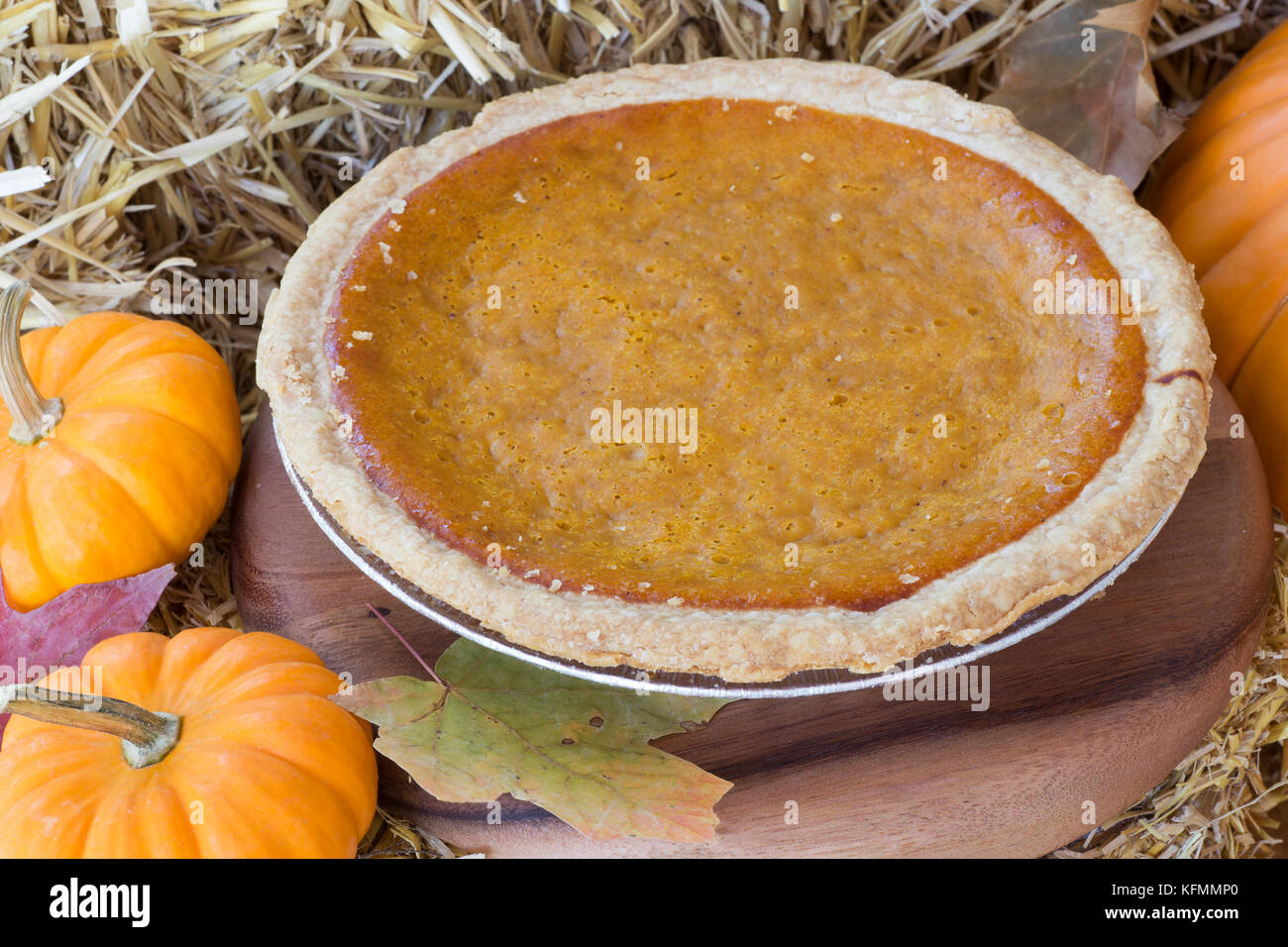 Whole pumpkin pie with small pumpkins on straw bale Stock Photo - Alamy
