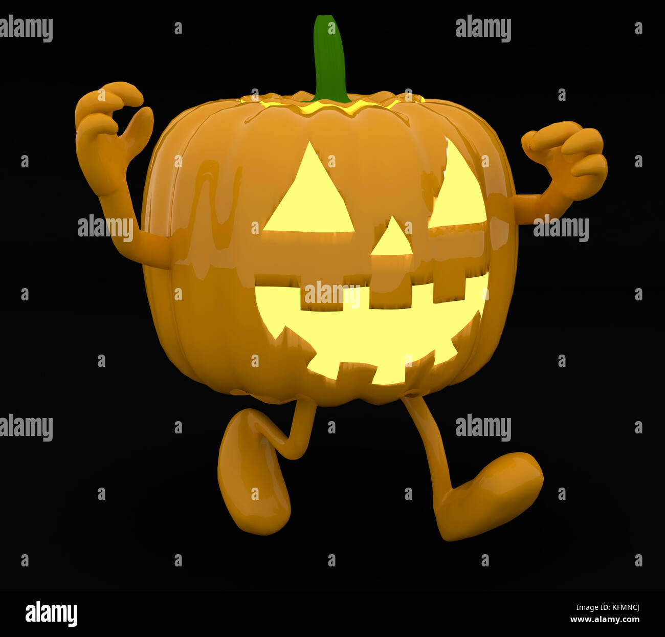 Halloween pumpkin with arms and legs on dark background, 3d ...