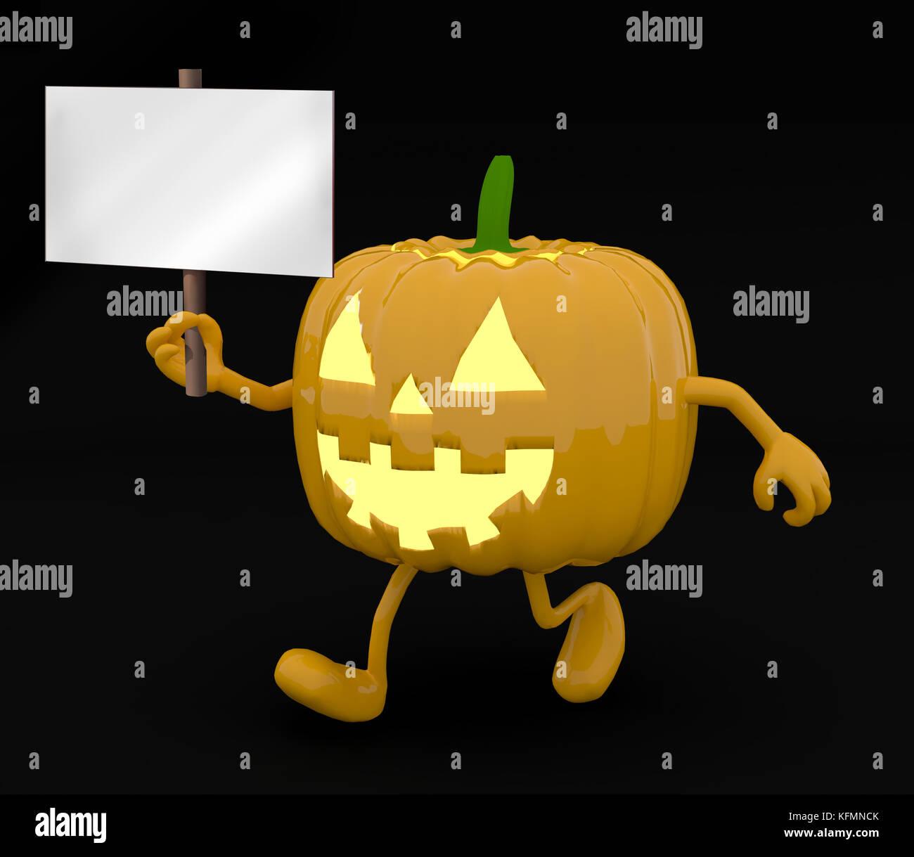 Halloween pumpkin with arms, legs and banner on hand on dark background ...