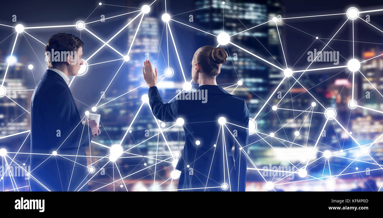 Concept of social connection and networking against night city view and ...