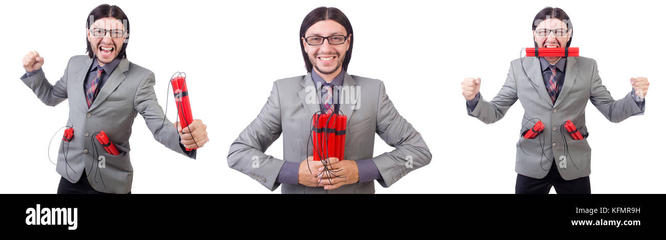Young businessman holding dynamite isolated on white Stock Photo - Alamy