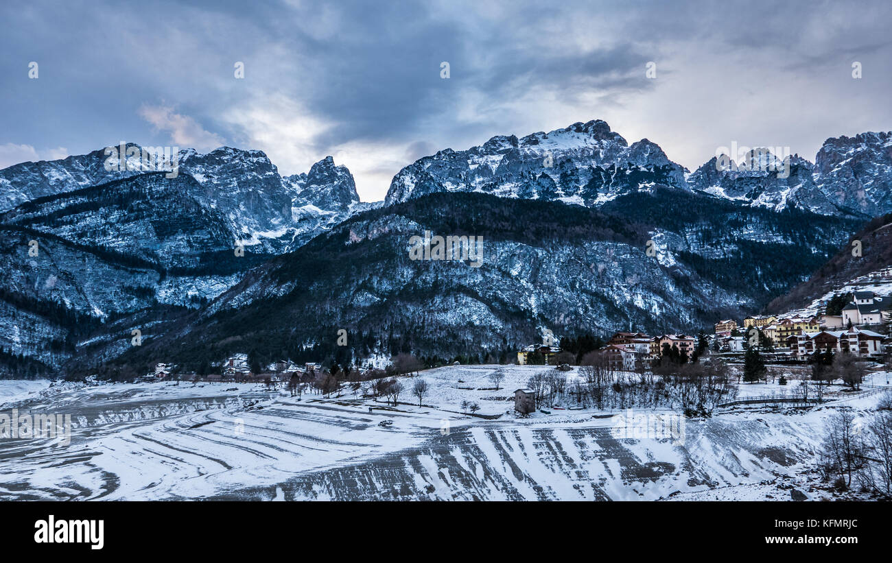 Dramatic winter landscape, mountain village in Trentino, Italy Stock ...