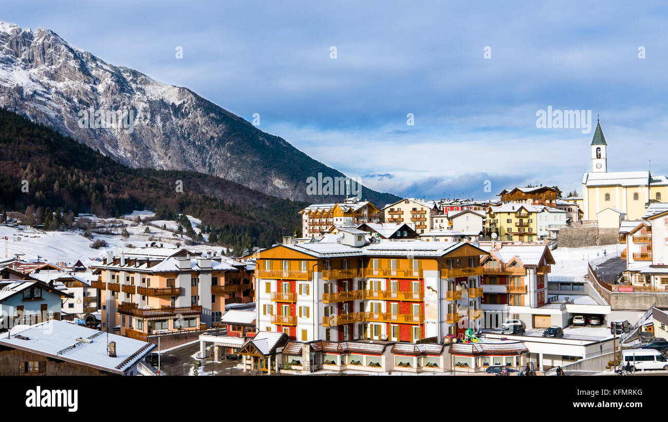 Mountain ski resort town in the sky. winter season, Paganella, Italy ...