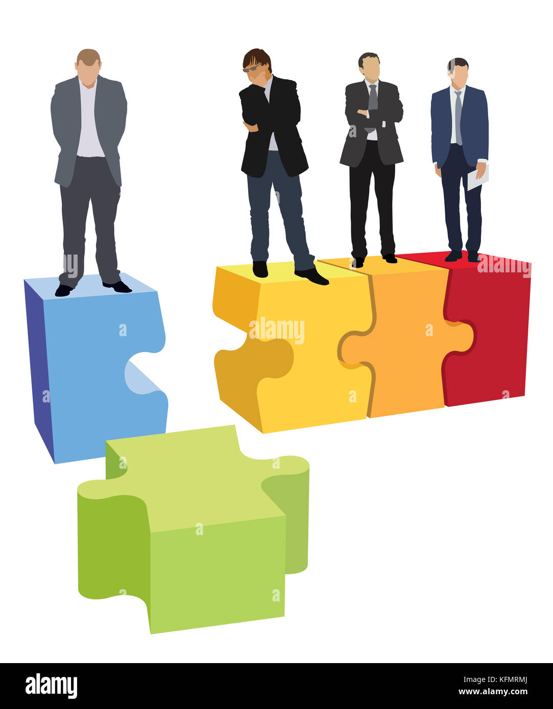 Businesspeople are standing on jigsaw puzzle shown as a damaged ...