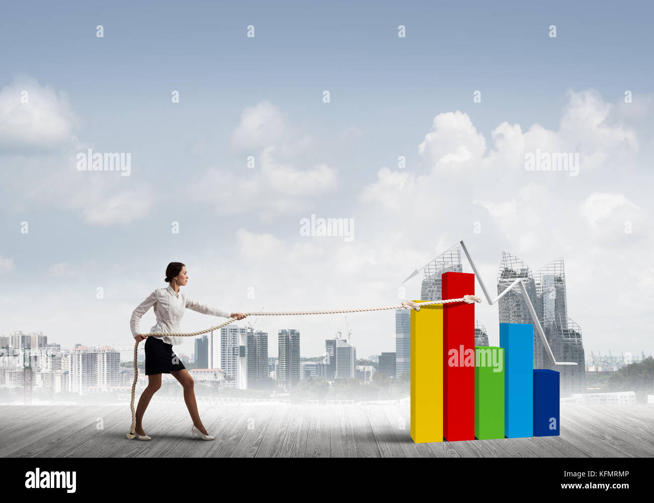 Businesswoman pulling arrow with rope and making it raise up Stock ...