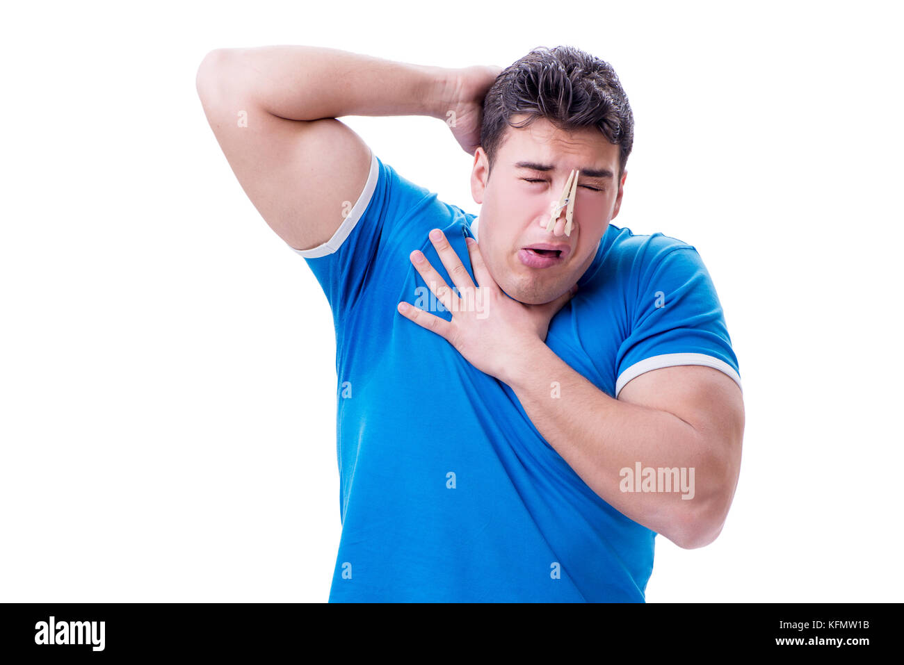 Man sweating excessively smelling bad isolated on white background ...