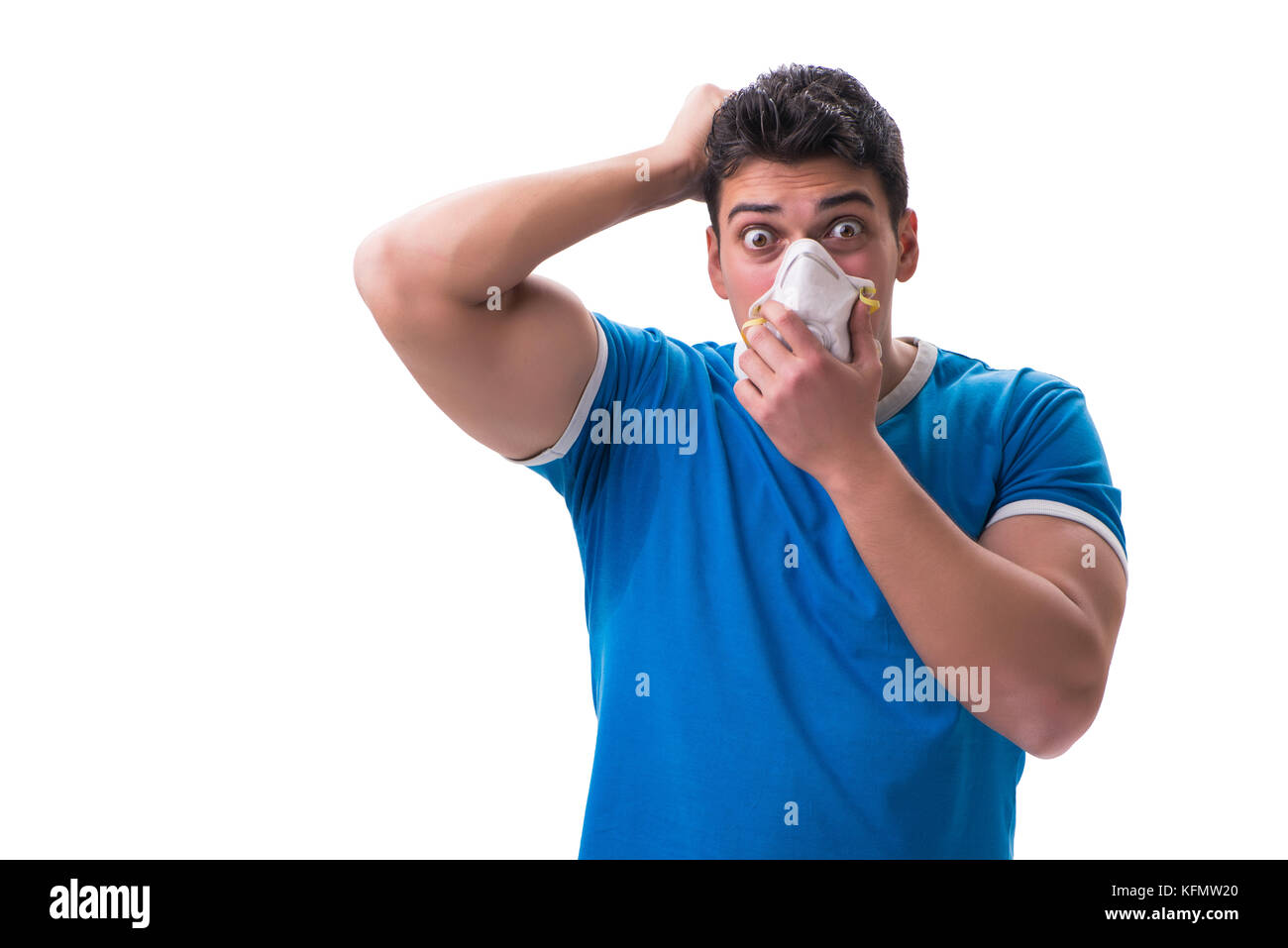 Man sweating excessively smelling bad isolated on white background ...