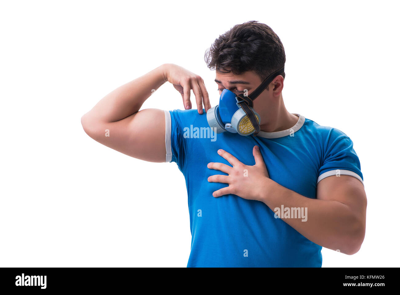 Man sweating excessively smelling bad isolated on white background ...