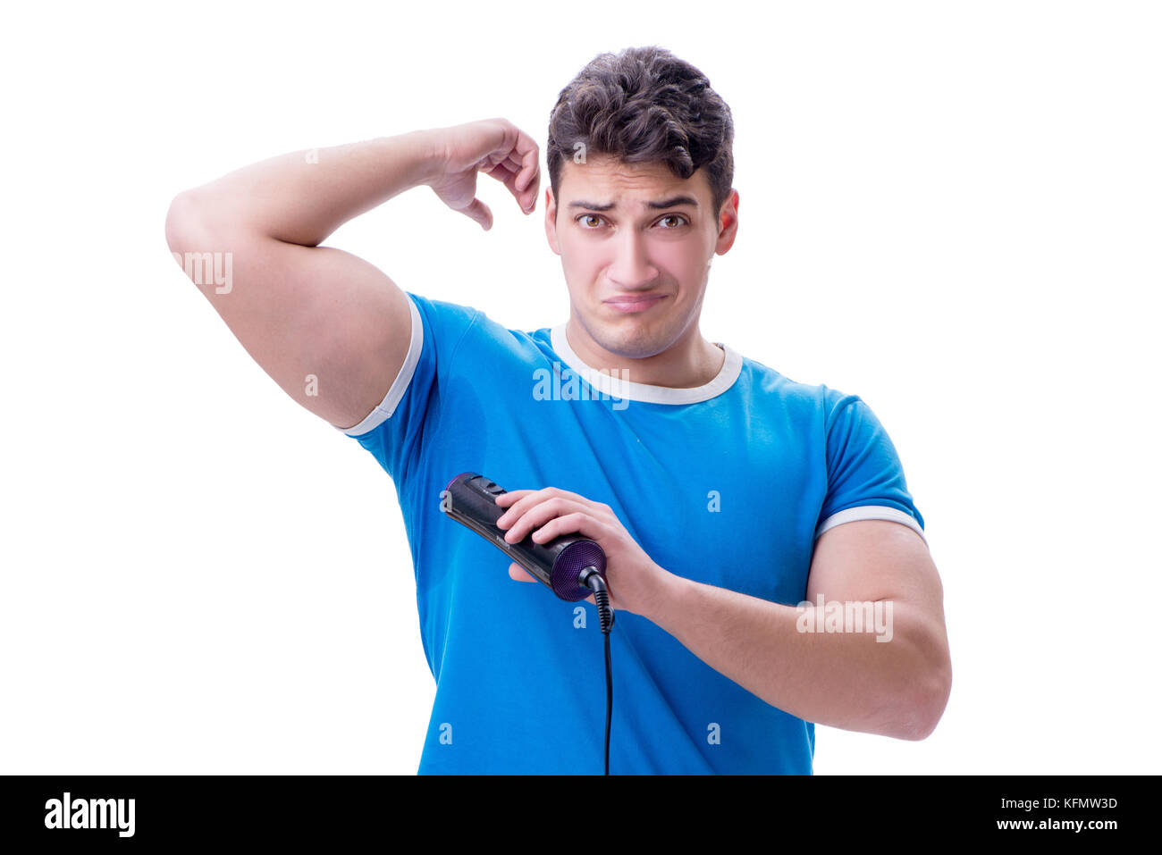 Man sweating excessively smelling bad isolated on white background ...