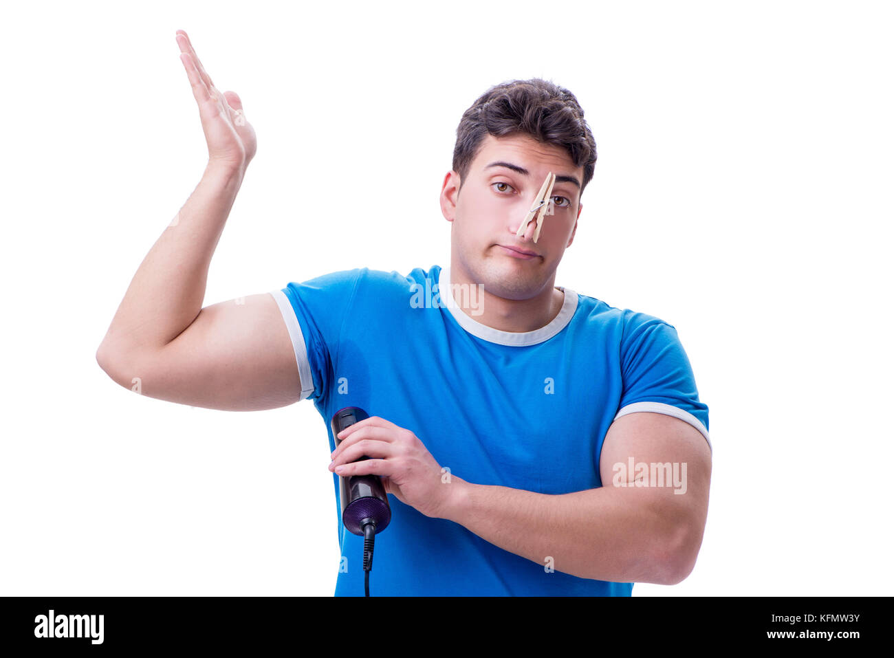 Man sweating excessively smelling bad isolated on white background ...