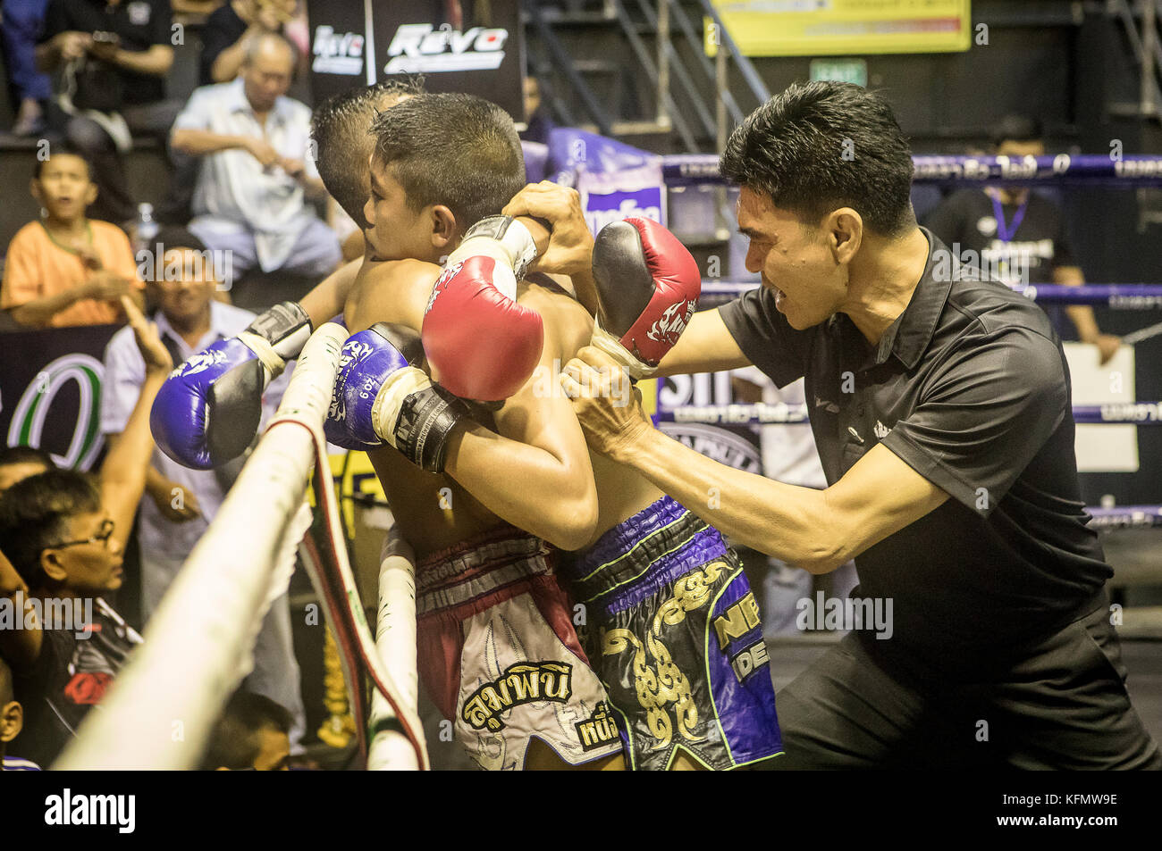 Boys, Muay Thai boxers fighting and referee, Bangkok, Thailand Stock ...