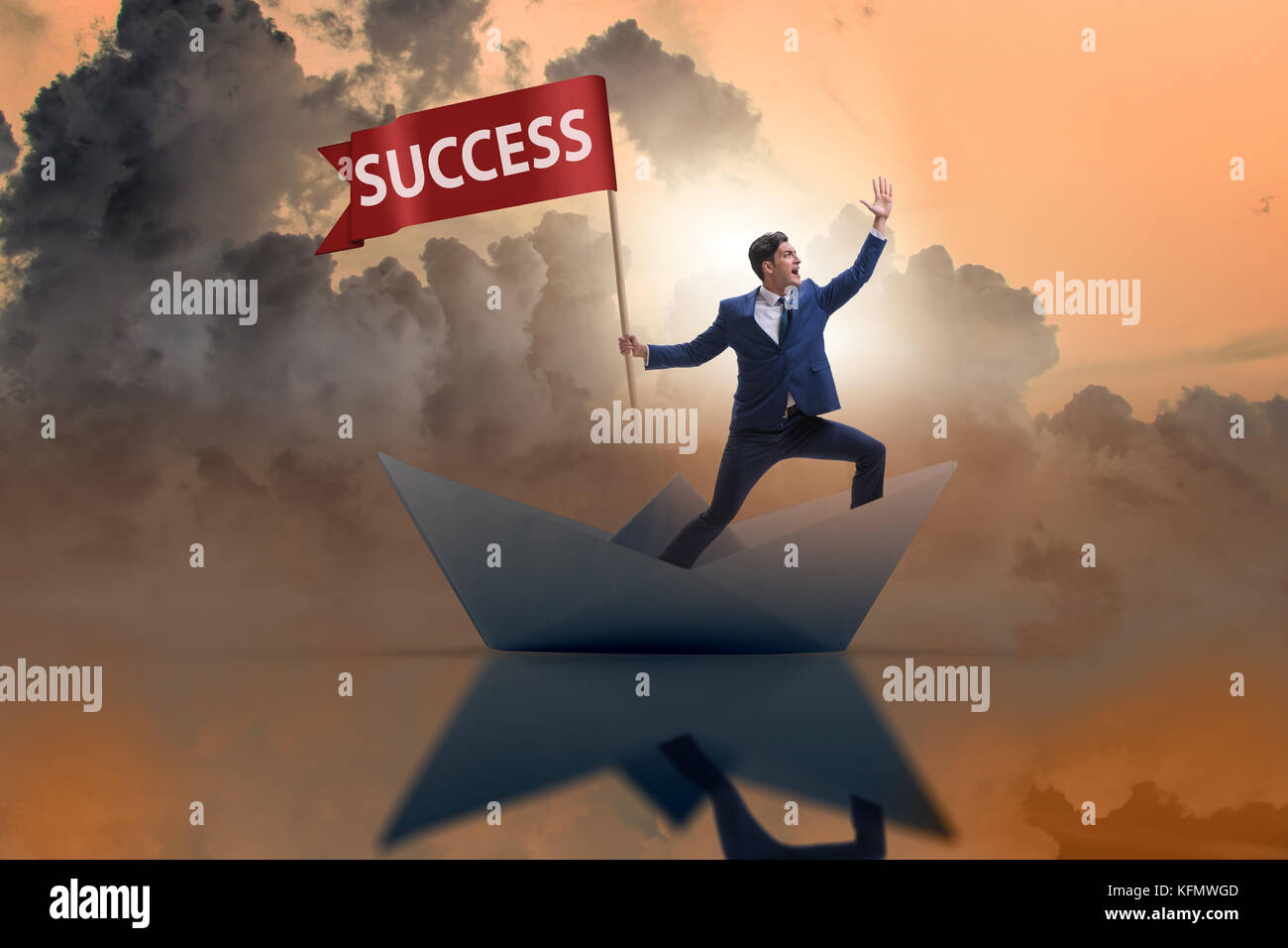 Businessman riding paper boat ship in success concept Stock Photo - Alamy