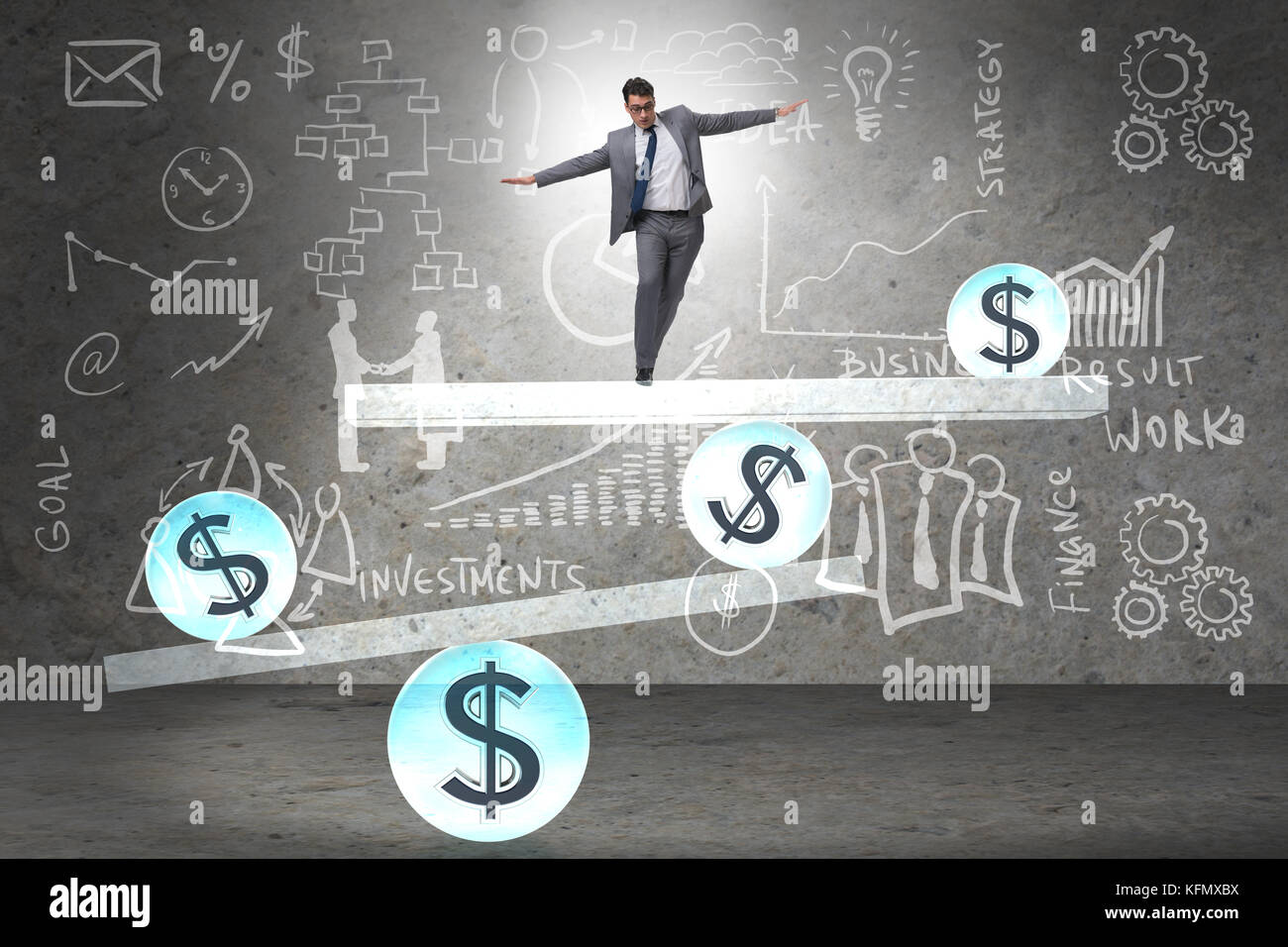 Businessman balancing in financial dollar concept Stock Photo - Alamy