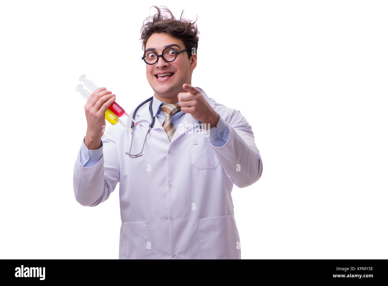 Funny doctor with syringe isolated on white Stock Photo - Alamy