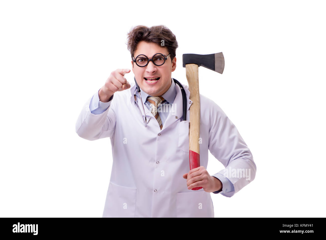 Funny doctor with axe isolated on white Stock Photo - Alamy