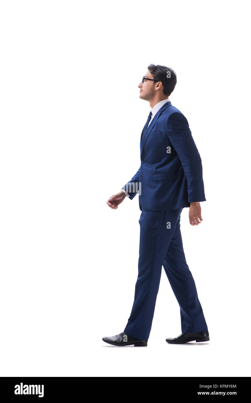 Businessman walking standing side view isolated on white background ...