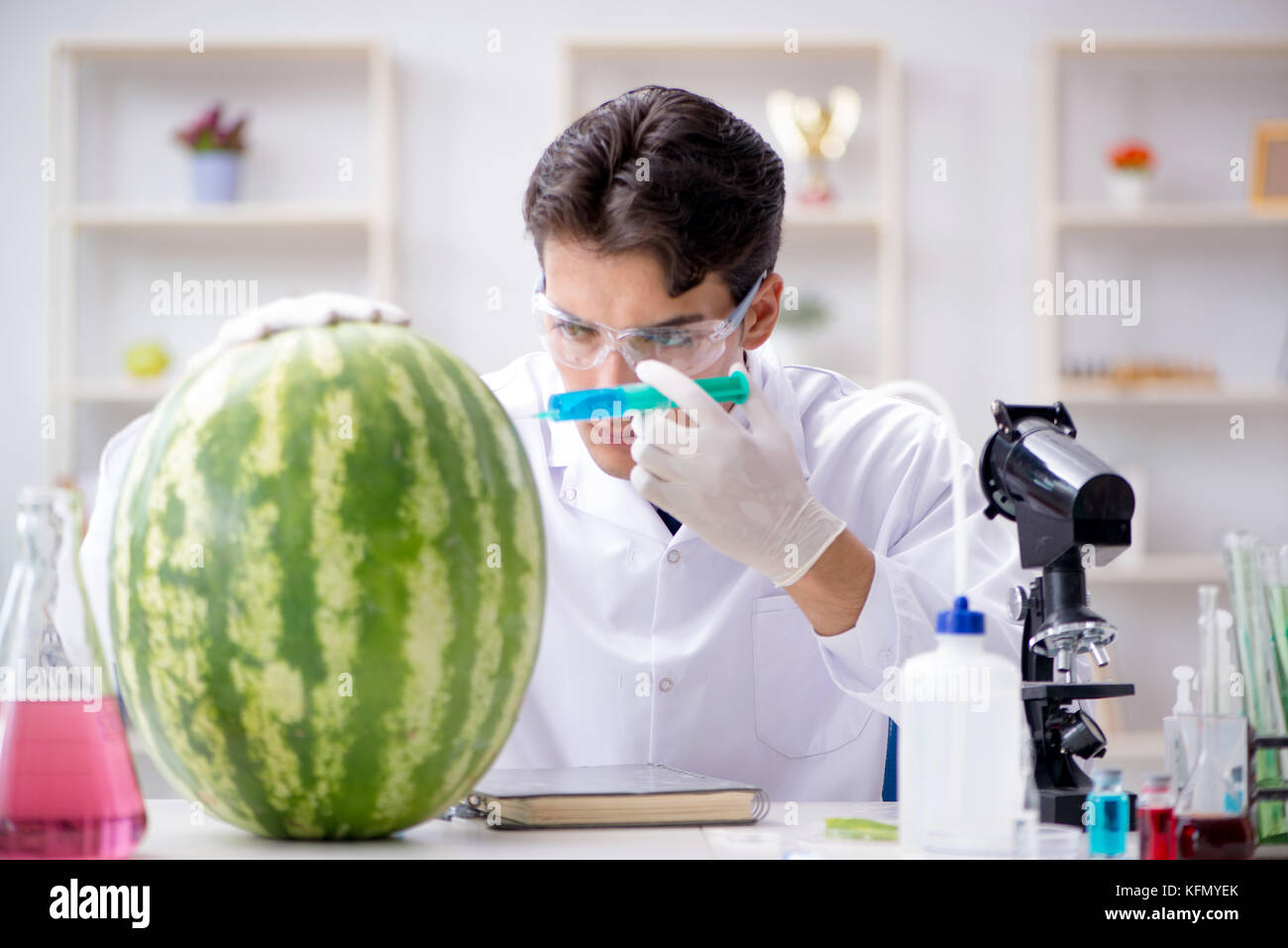 Scientist testing watermelon in lab Stock Photo - Alamy