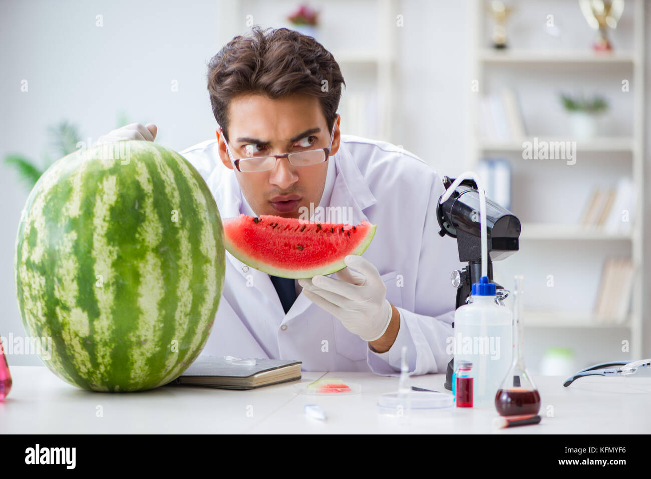 Scientist testing watermelon in lab Stock Photo - Alamy
