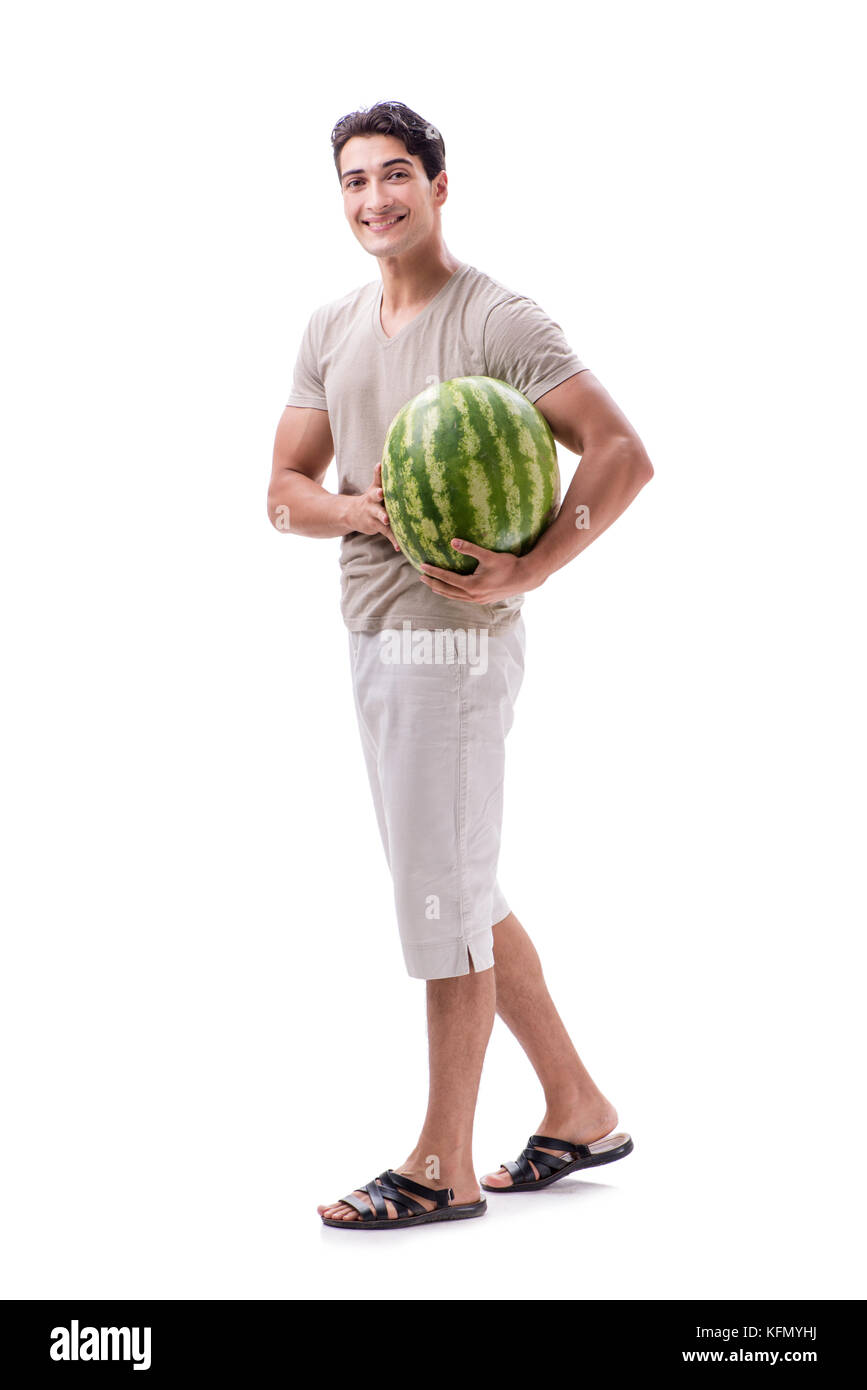 Young man with watermelon isolated on white Stock Photo - Alamy