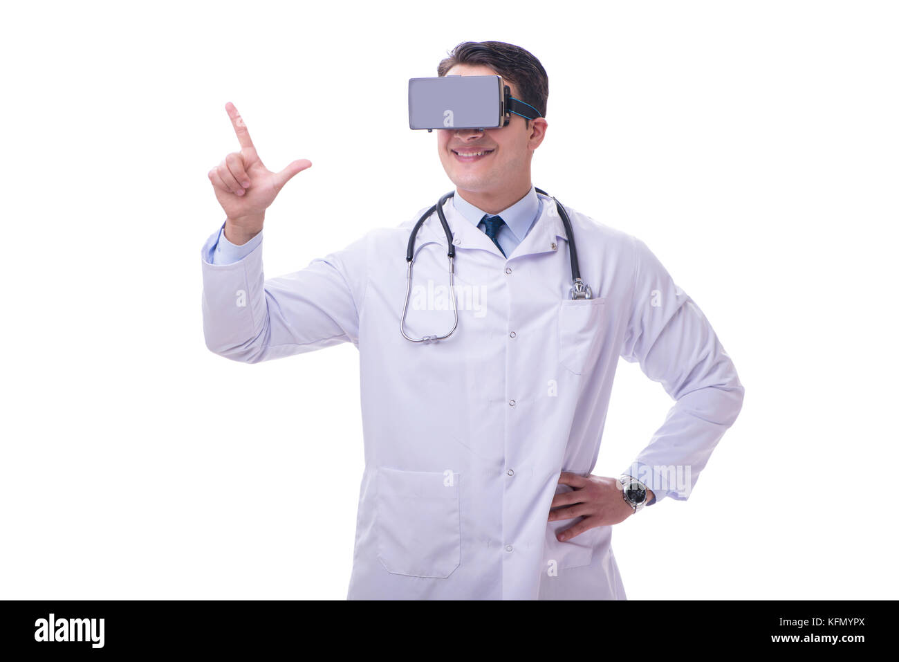 Doctor wearing a vr virtual reality headset isolated on white ...