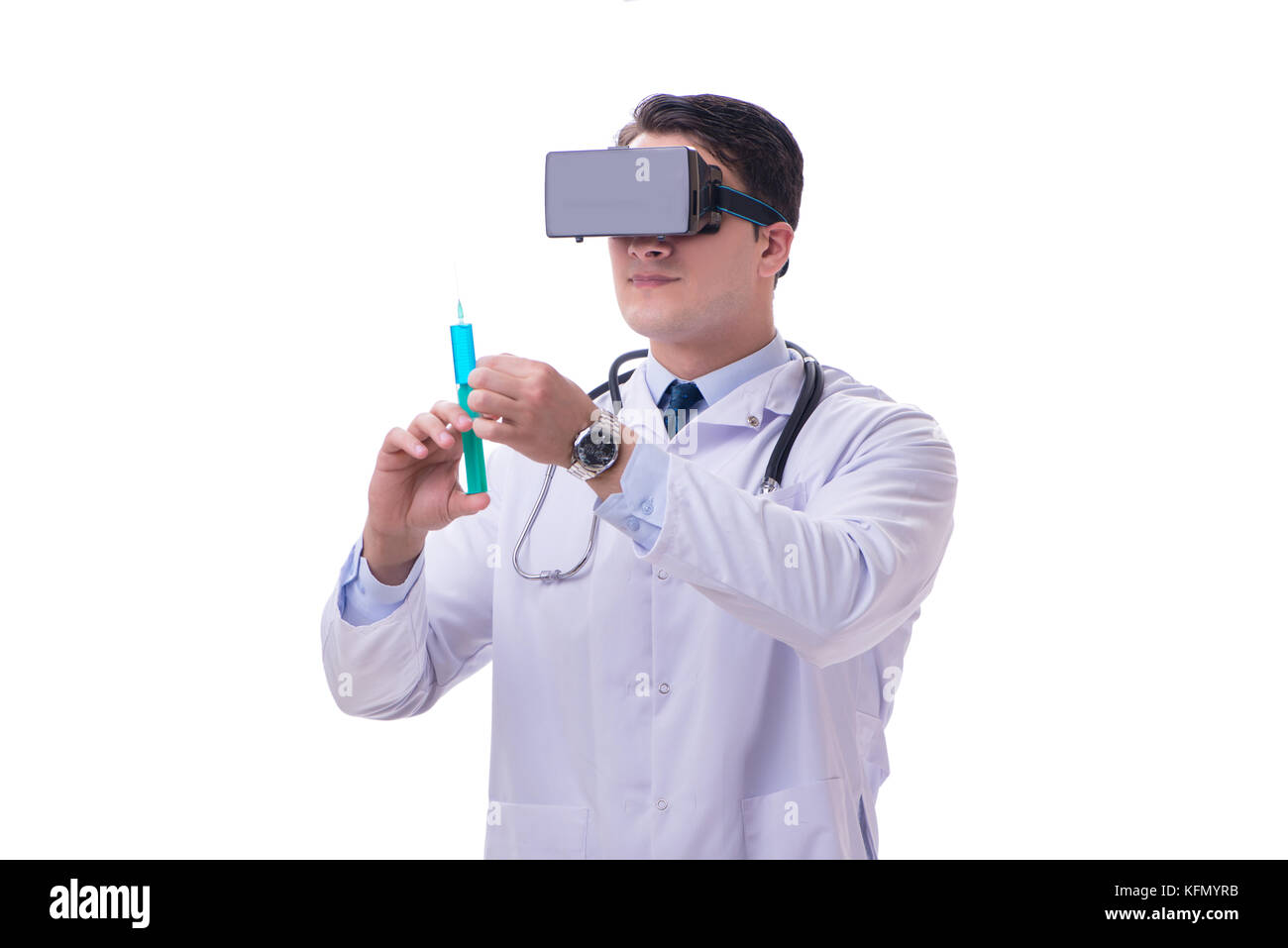 Doctor wearing a vr virtual reality headset isolated on white ...