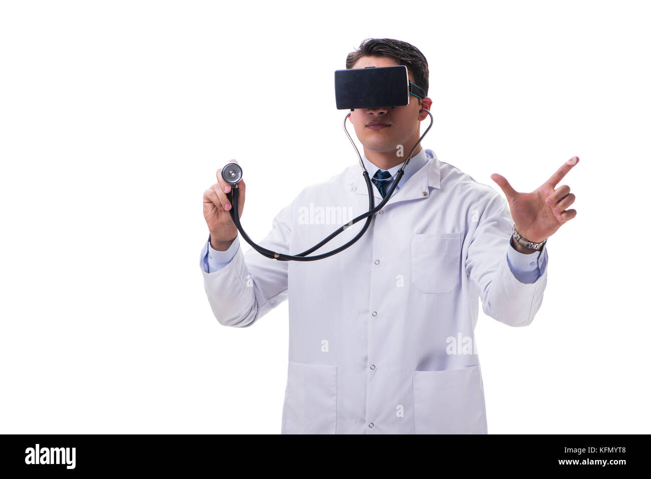Doctor wearing a vr virtual reality headset isolated on white ...