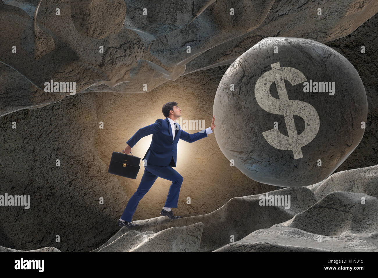 Businessman pushing dollar sign in business concept Stock Photo - Alamy