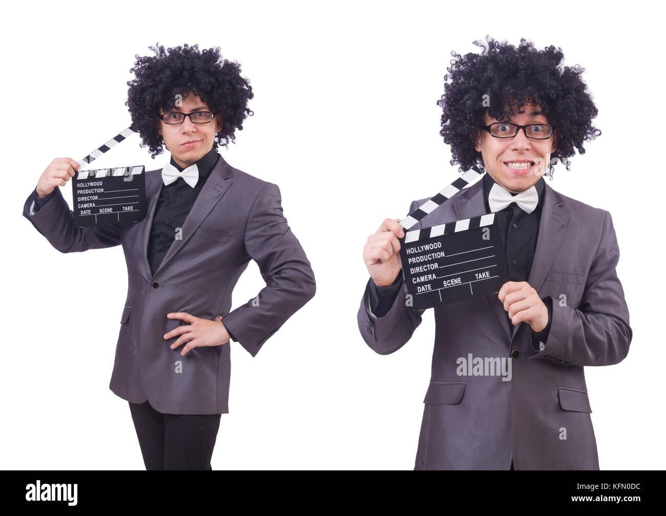 Man with movie clapper isolated on white Stock Photo - Alamy