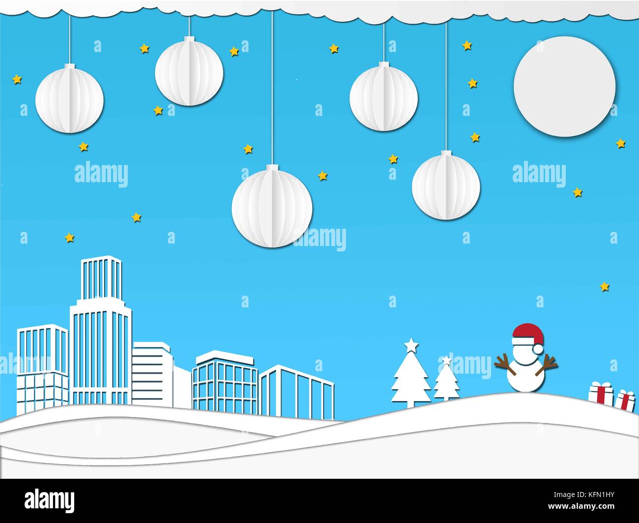 paper art christmas festival design concept in blue color vector ...