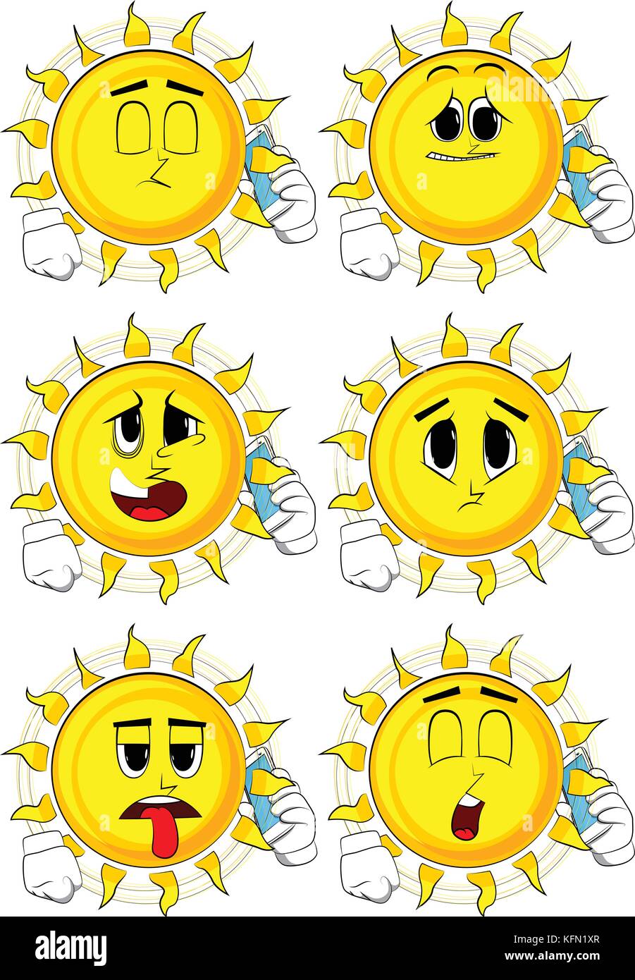 Cartoon sun talking on cell phone. Collection with sad faces ...