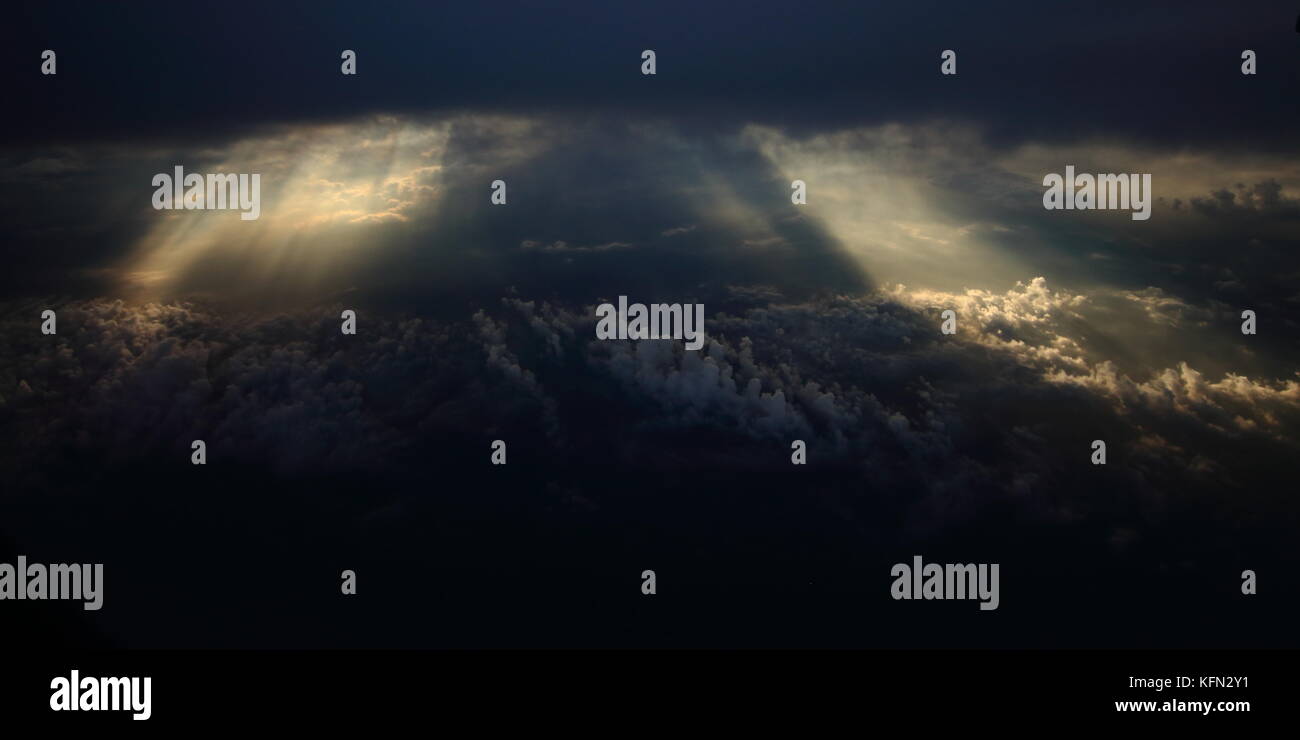 aerial view of warm color cloud with light ray and sun beam Stock Photo ...