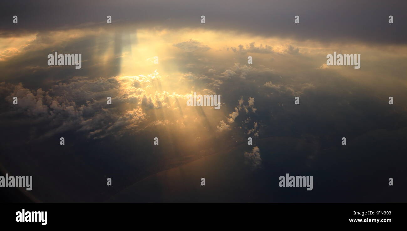 aerial view of warm color cloud with light ray and sun beam Stock Photo ...