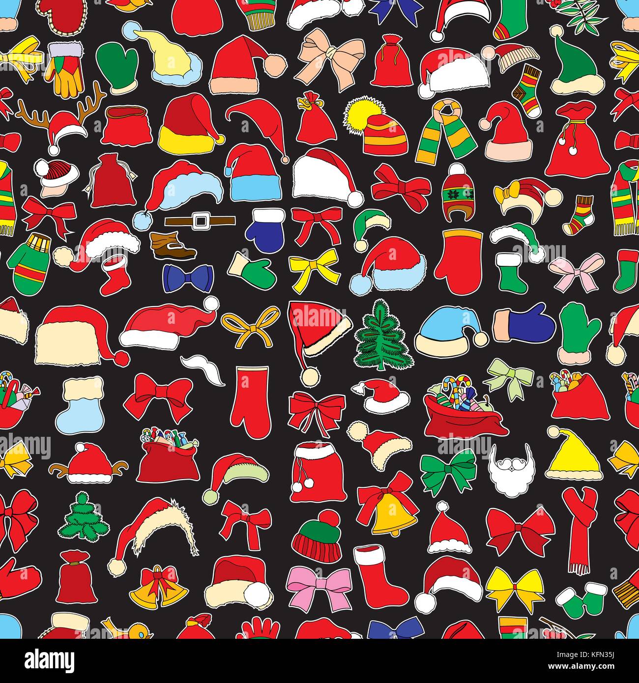 Christmas seamless texture with socks and red caps. On black background ...