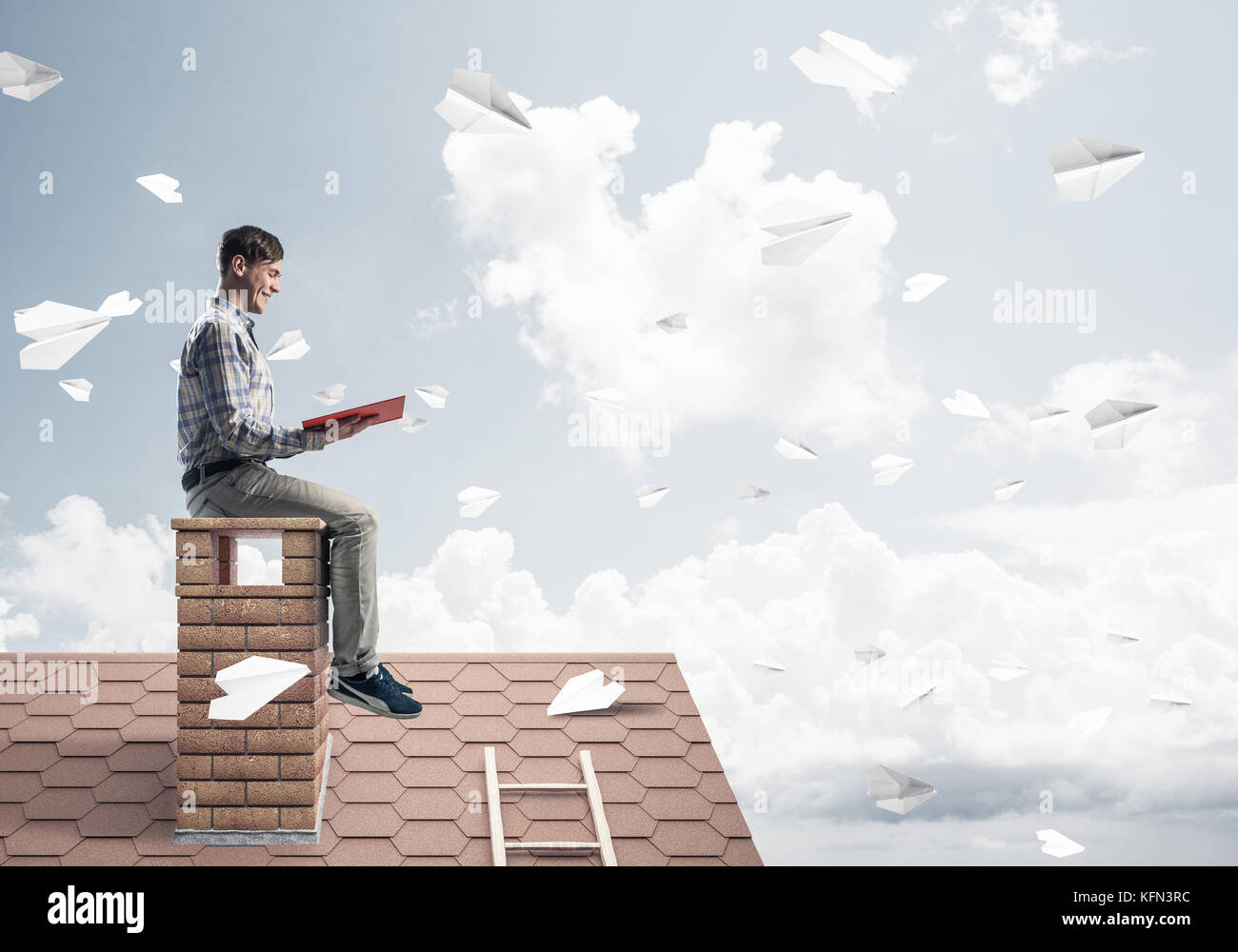 Handsome student guy reading book and paper planes flying in air Stock ...