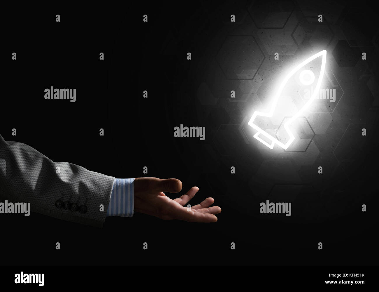 Man palm presenting Rocket web icon as technology concept Stock Photo ...