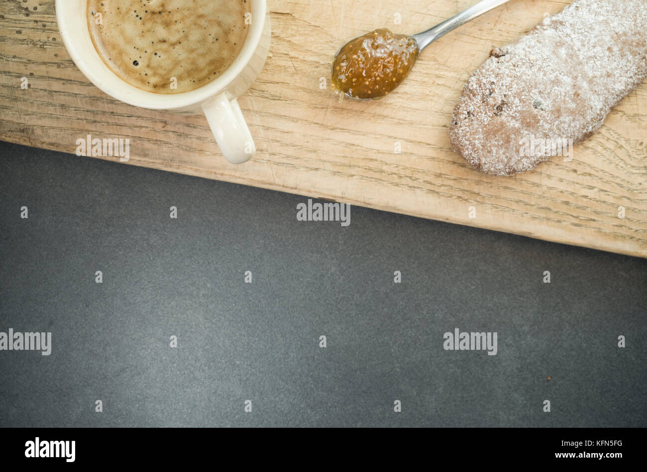 home made pastry and cookies with fig jam and hot coffee - top view ...