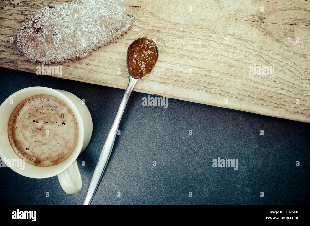 home made pastry and cookies with fig jam and hot coffee - top view ...