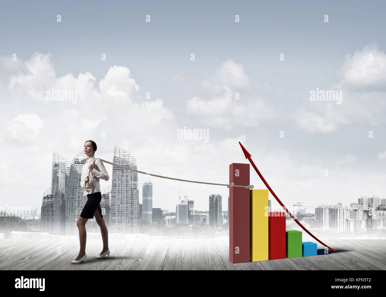Businesswoman pulling arrow with rope and making it raise up Stock ...
