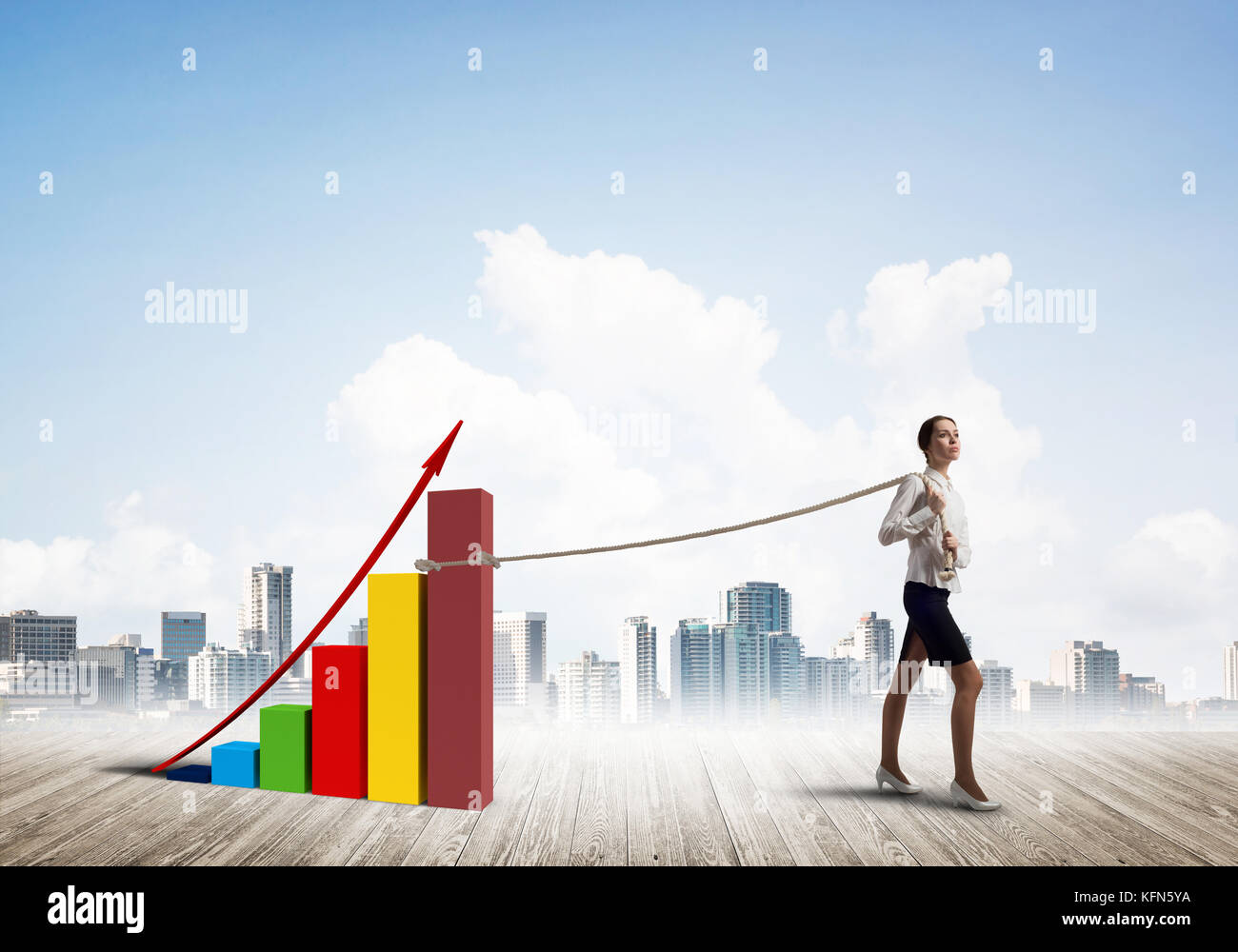Businesswoman pulling arrow with rope and making it raise up Stock ...