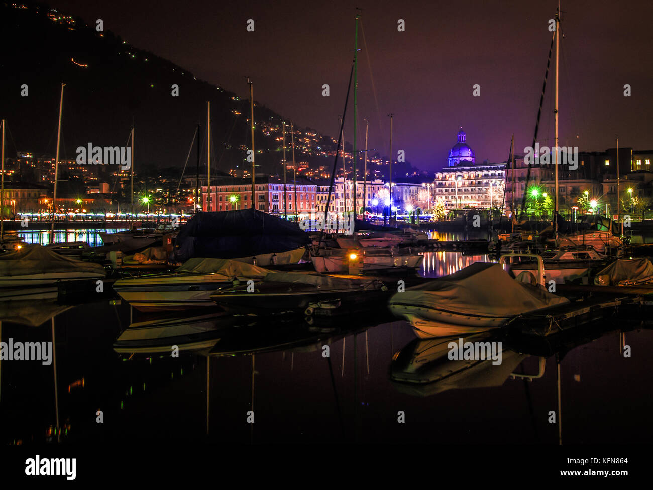festive mood with a thousand Christmas lights on Como Lake Stock Photo ...